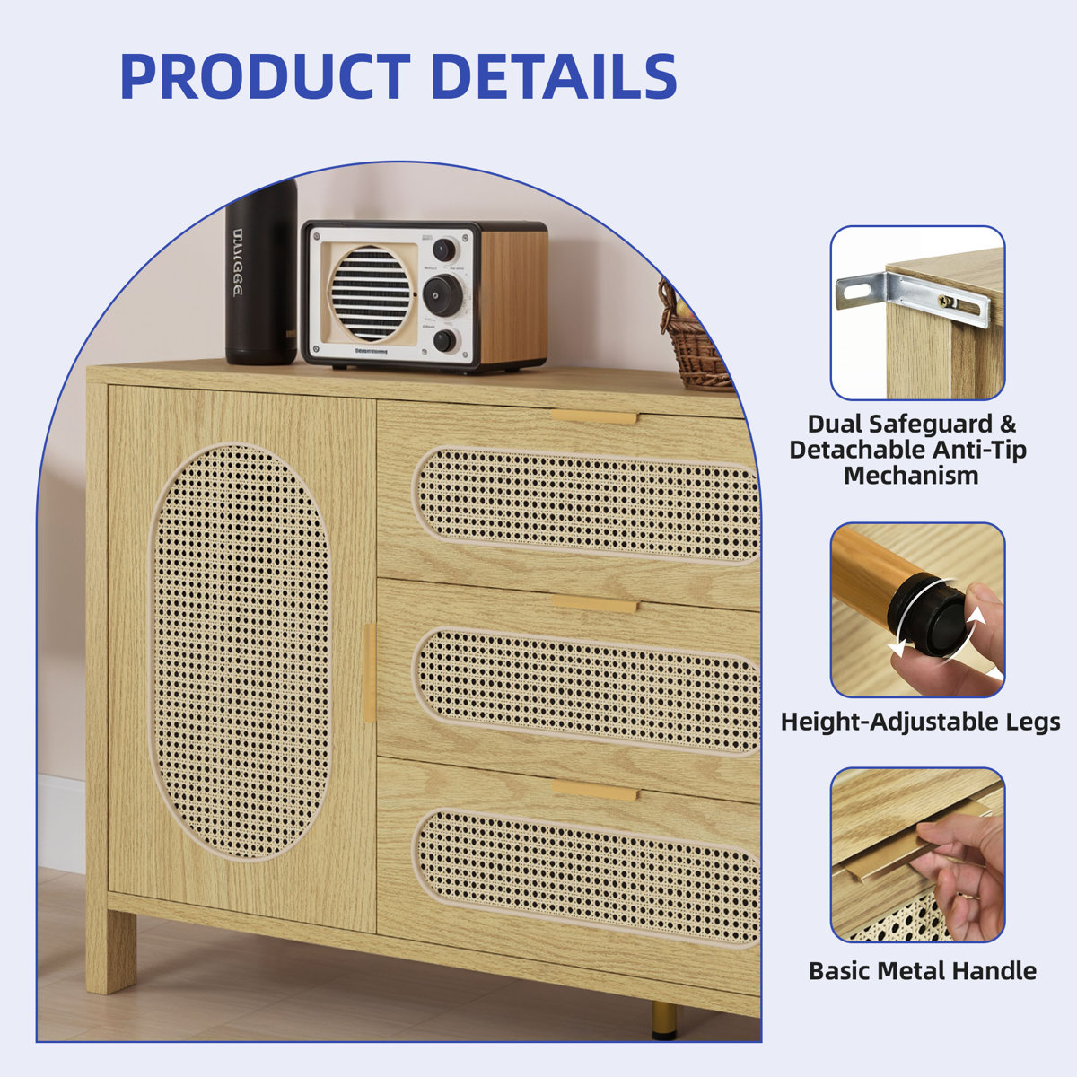 Bay Isle Home™ 63" Rattan Buffet Sideboard with Drawers, Doors, and Adjustable Shelves | Wayfair